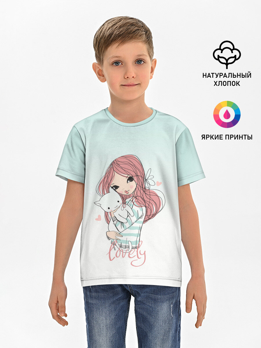 Футболка хлопковая детская Девочка и любимый кот арт