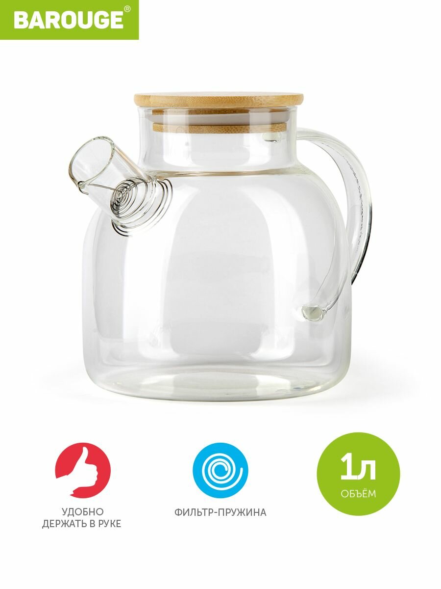 Заварочный чайник стеклянный с фильтр-пружиной, 1000 мл (BF-514)