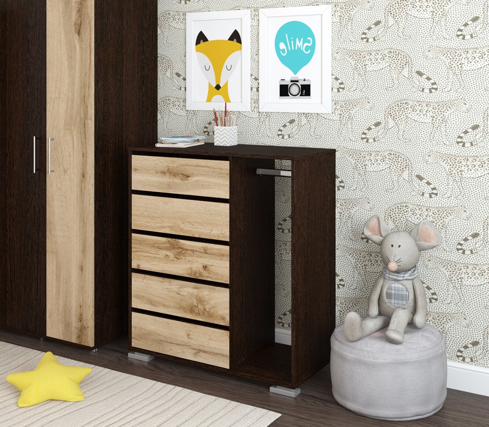 Шкаф, комод, шкаф-комод с ящиками, со штангой Есэндвич Лаворо, 90x43х102 см, левый (Венге/Дуб вотан)