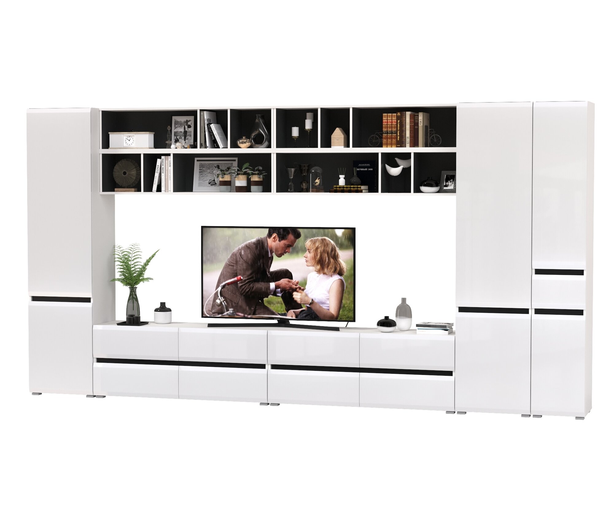 Мебель для гостиной Моби Сидней № 90, цвет белый/чёрный/МДФ белый глянец, 395х41,3х205,2 см.