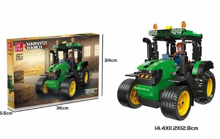 Конструктор пластиковый Harvest 57001 Трактор с водителем ,304 детали, 36х5,5х24