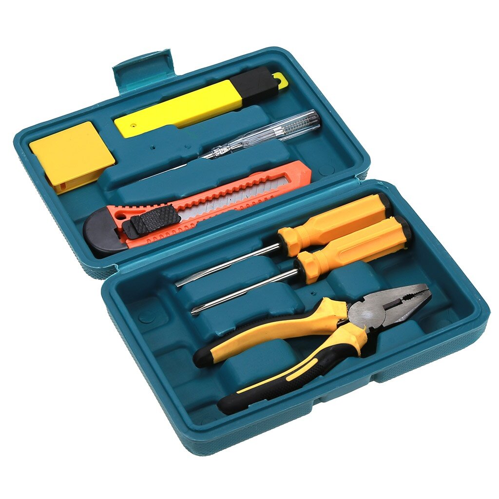 Набор инструментов Домашняя Мода 7 предметов: нож строительный 18 мм; запасное лезвие - 1 штука; рулетка 1 м; плоскогубцы; отвертка крестовая, шлицевая, индикаторная (99TM613)