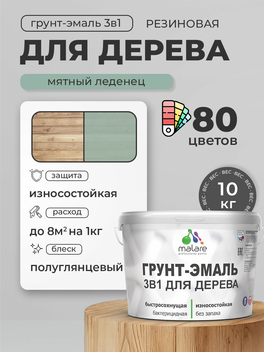 Резиновая Грунт-Эмаль 3 в 1 Malare для деревянных поверхностей/ краска по дереву с антисептическим эффектом/ быстросохнущая моющаяся без запаха полуглянцевая, мятный леденец, 10 кг