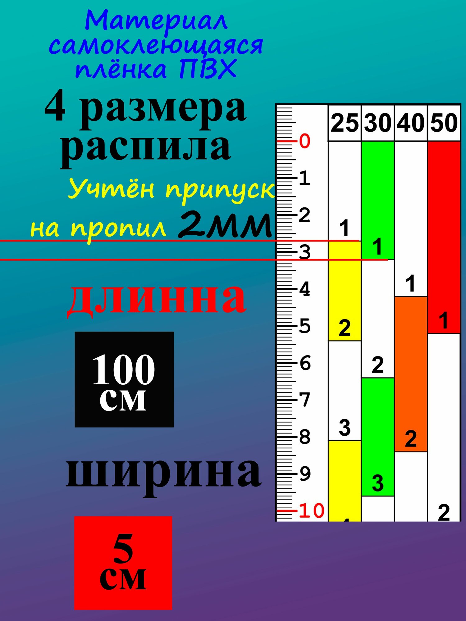 Линейка наклейка ПВХ для пилорамы 100см 2мм пропил