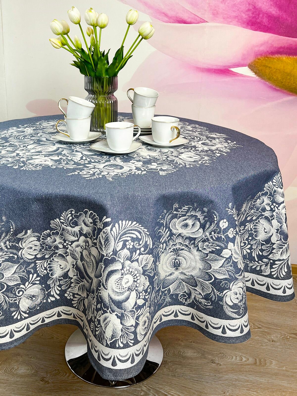 Скатерть жаккардовая "Гжель" D178, синяя