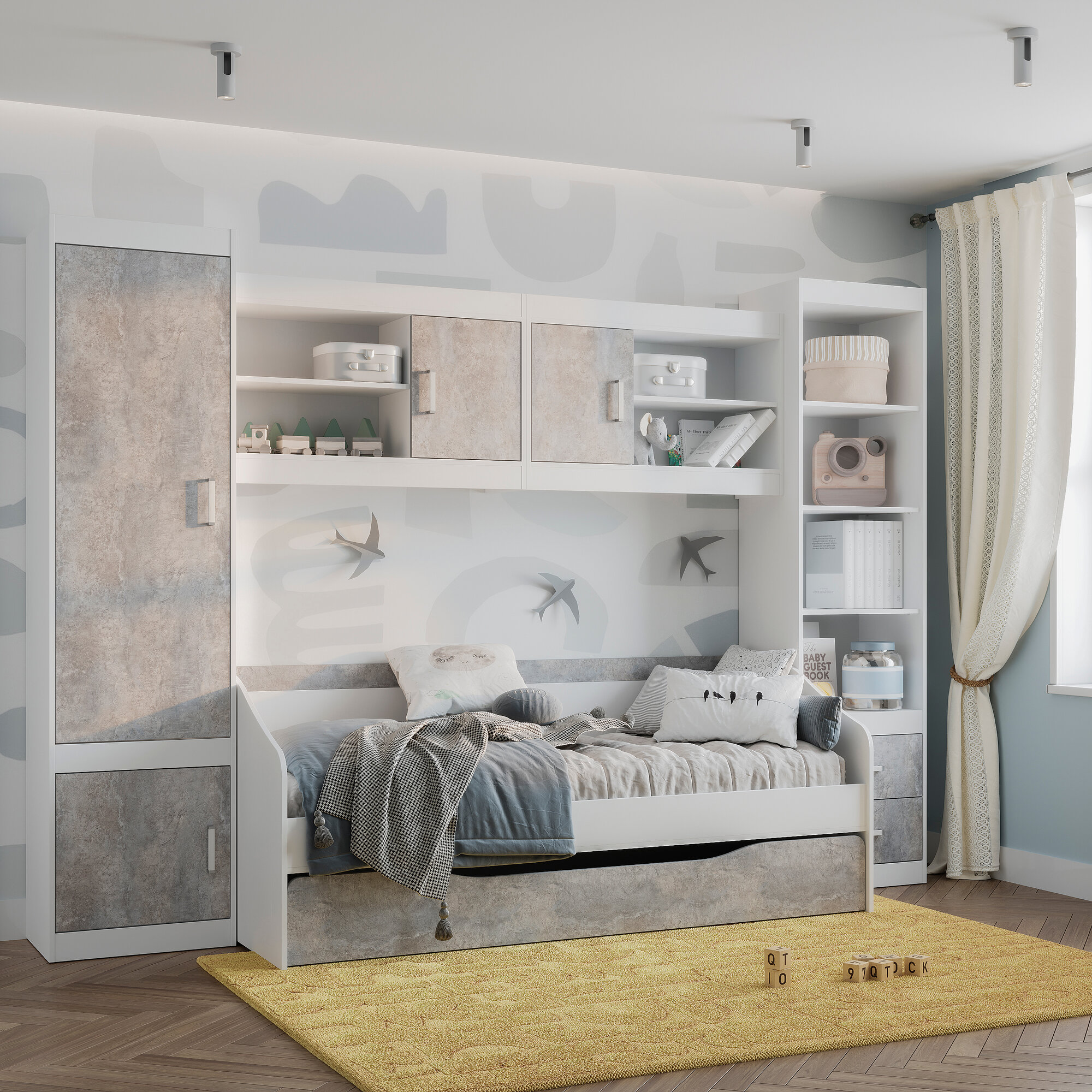 Кровать детская 80х190 Паскаль 193,2х79,0х85,0 см, белый/цемент светлый