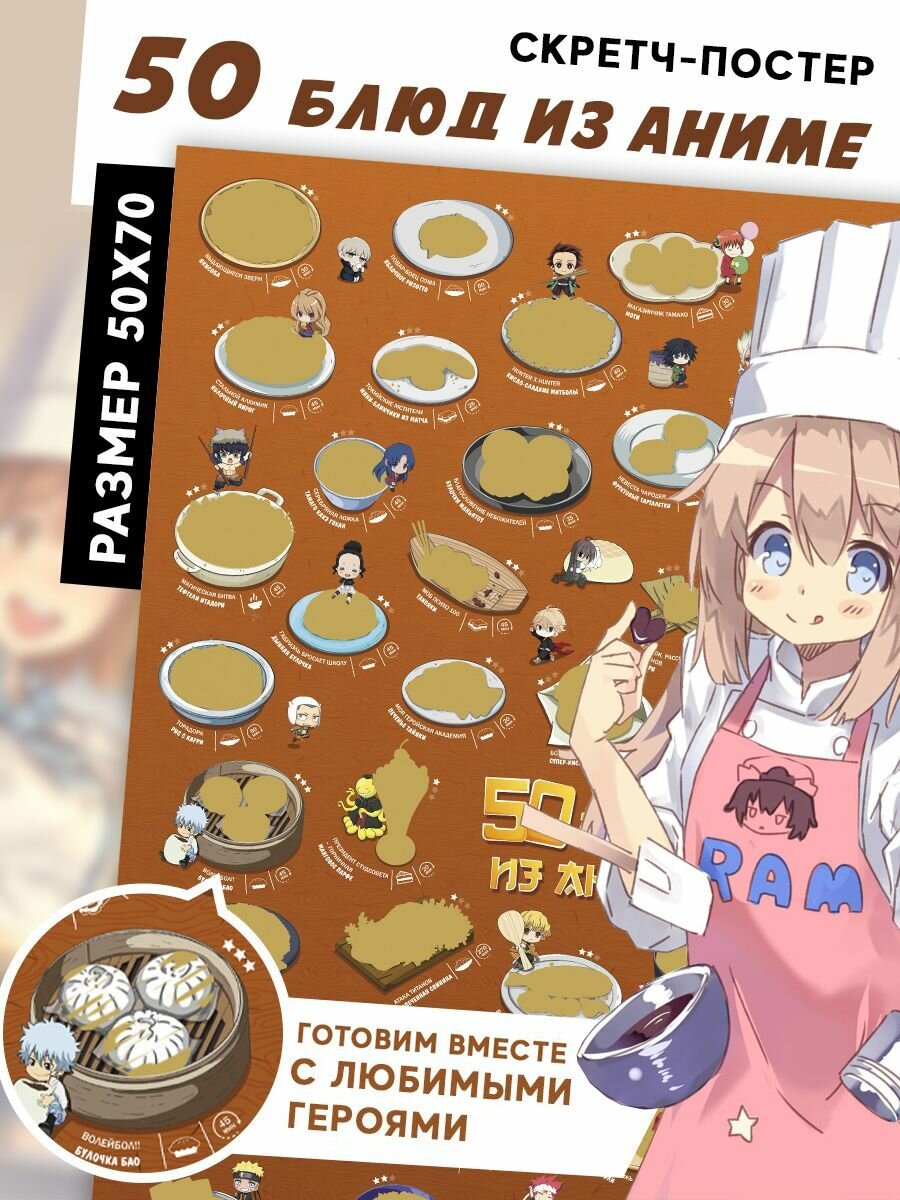 Скретч постер на стену: рецепты блюд героев из аниме и манга 50х70 см