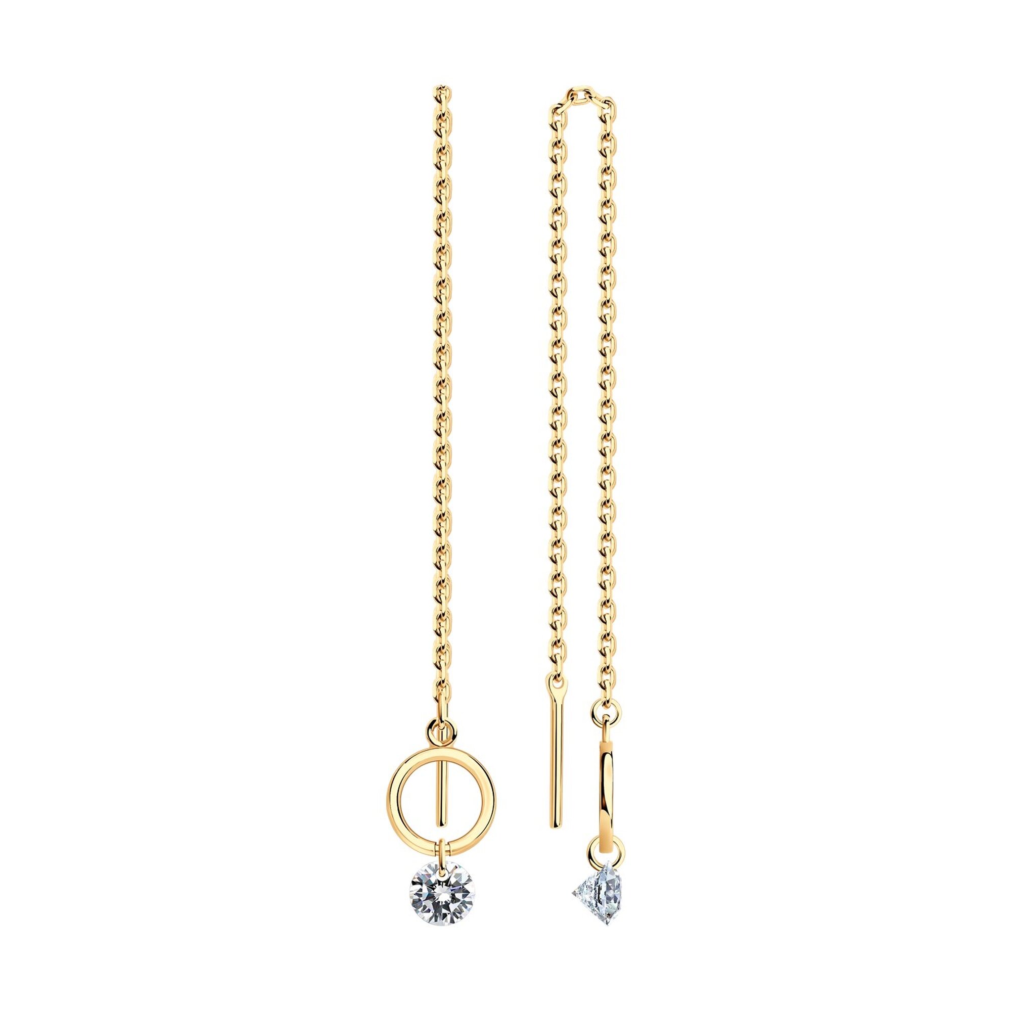 Серьги цепочки, серебро, 925 проба, золочение, фианит