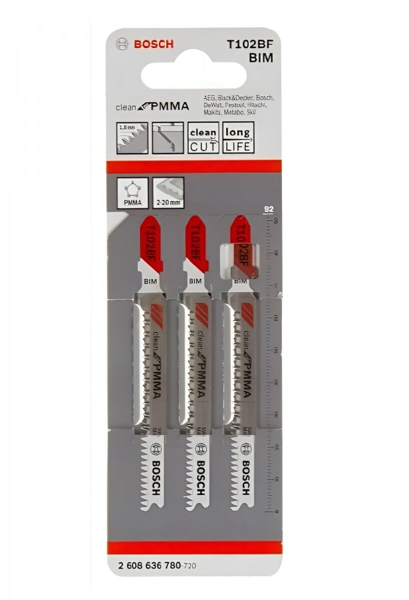 Пилки лобзиковые Bosch T102, для чистого реза, T-образные, для ручного лобзика, 3шт.