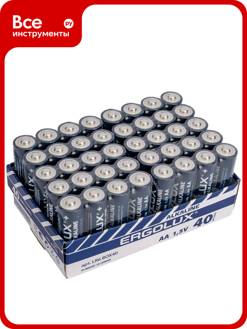 Батарейка Ergolux LR6 Alkaline BOX40 щелочной элемент AA типоразмер AA с повышенной ёмкостью и длительным сроком службы