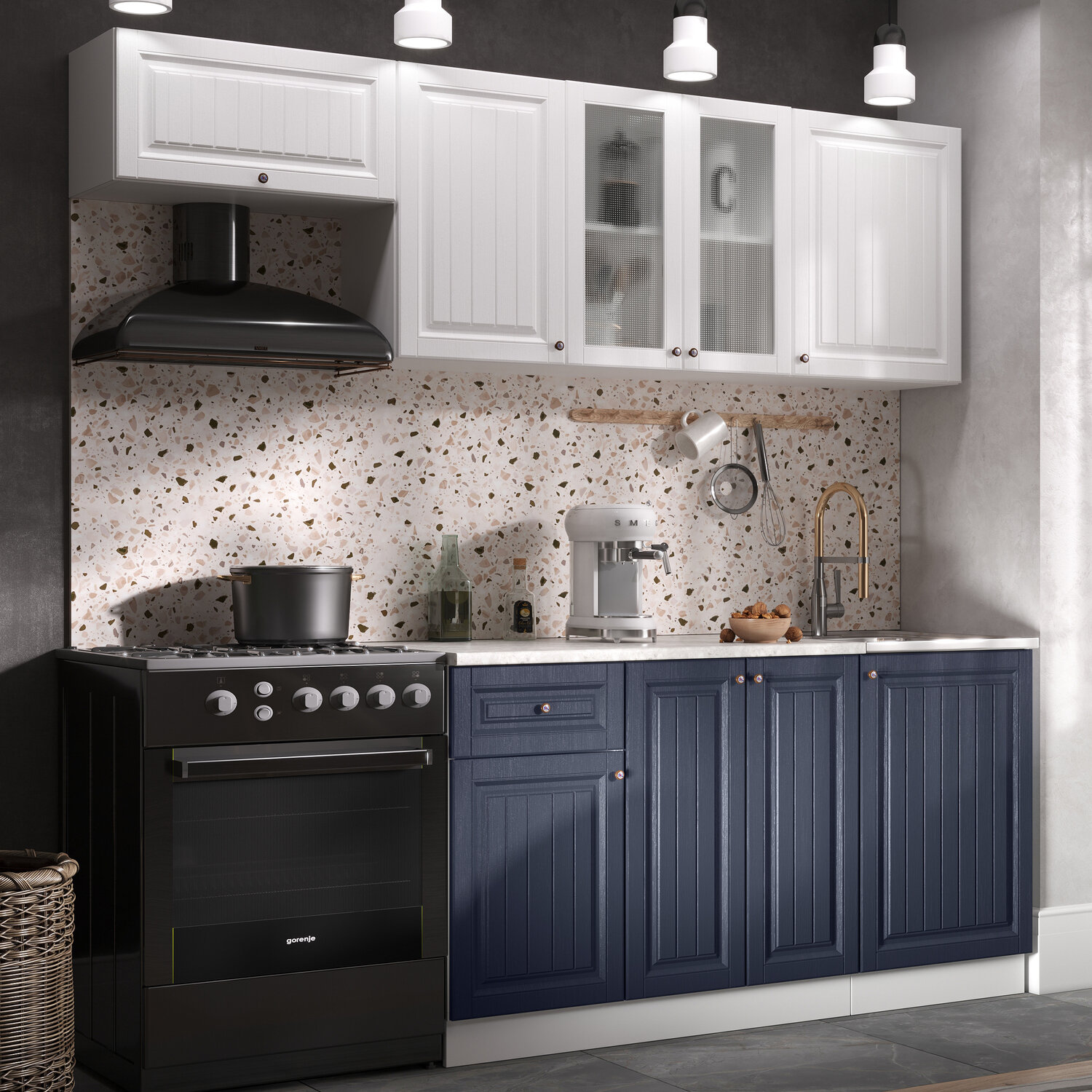 Кухонный гарнитур, готовый комплект Хозяюшка 2.1 метра Акация белая/Сапфир.