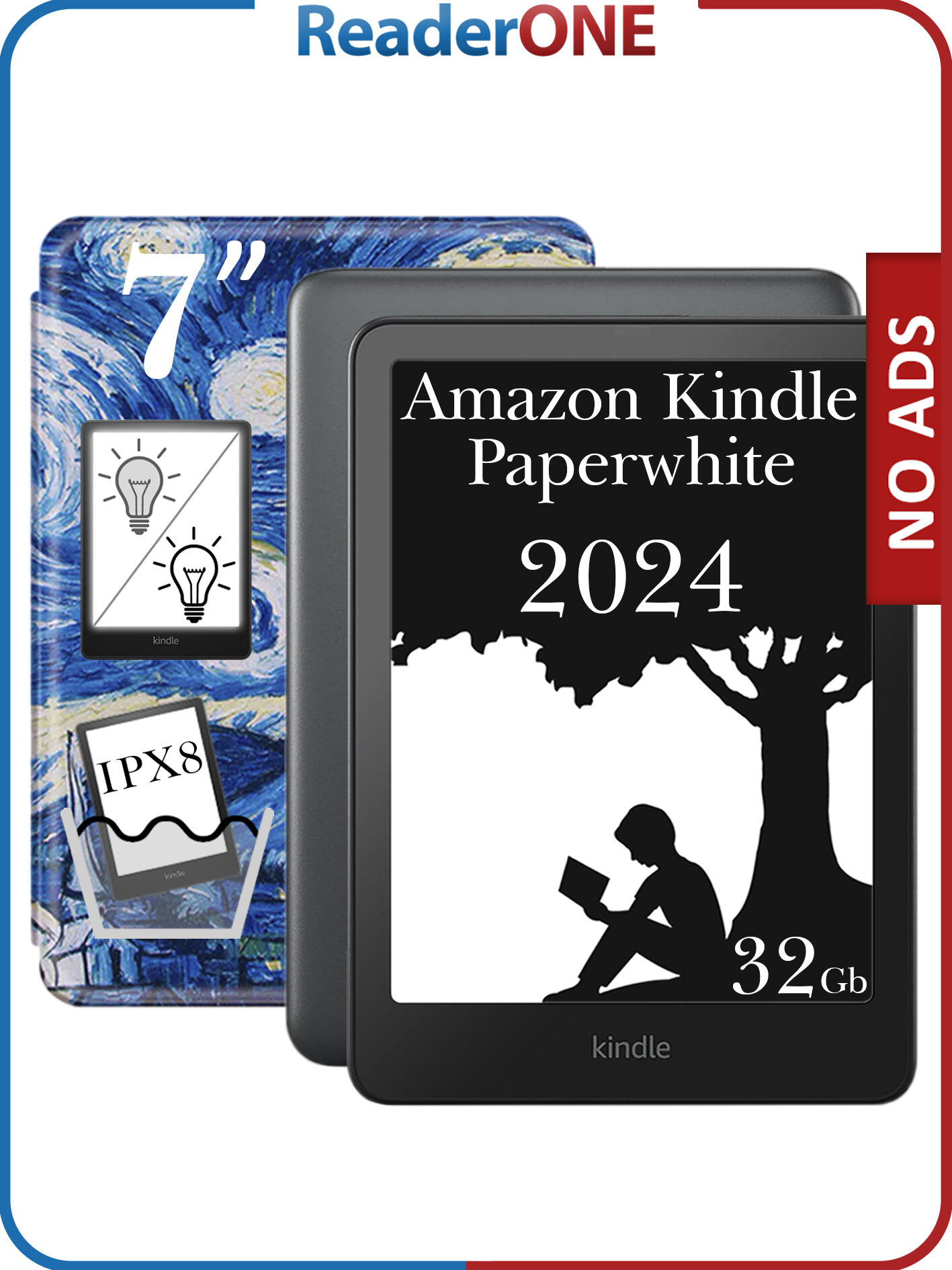 Электронная книга Amazon Kindle PaperWhite 12 2024 32Gb SE Metallic Black с обложкой ReaderONE Van Gogh
