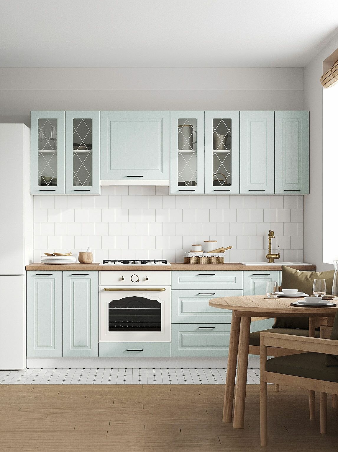 Кухонный гарнитур Шервуд 2.4 м, мебель для дома и кухни, Белый / Деним голубой со стеклом