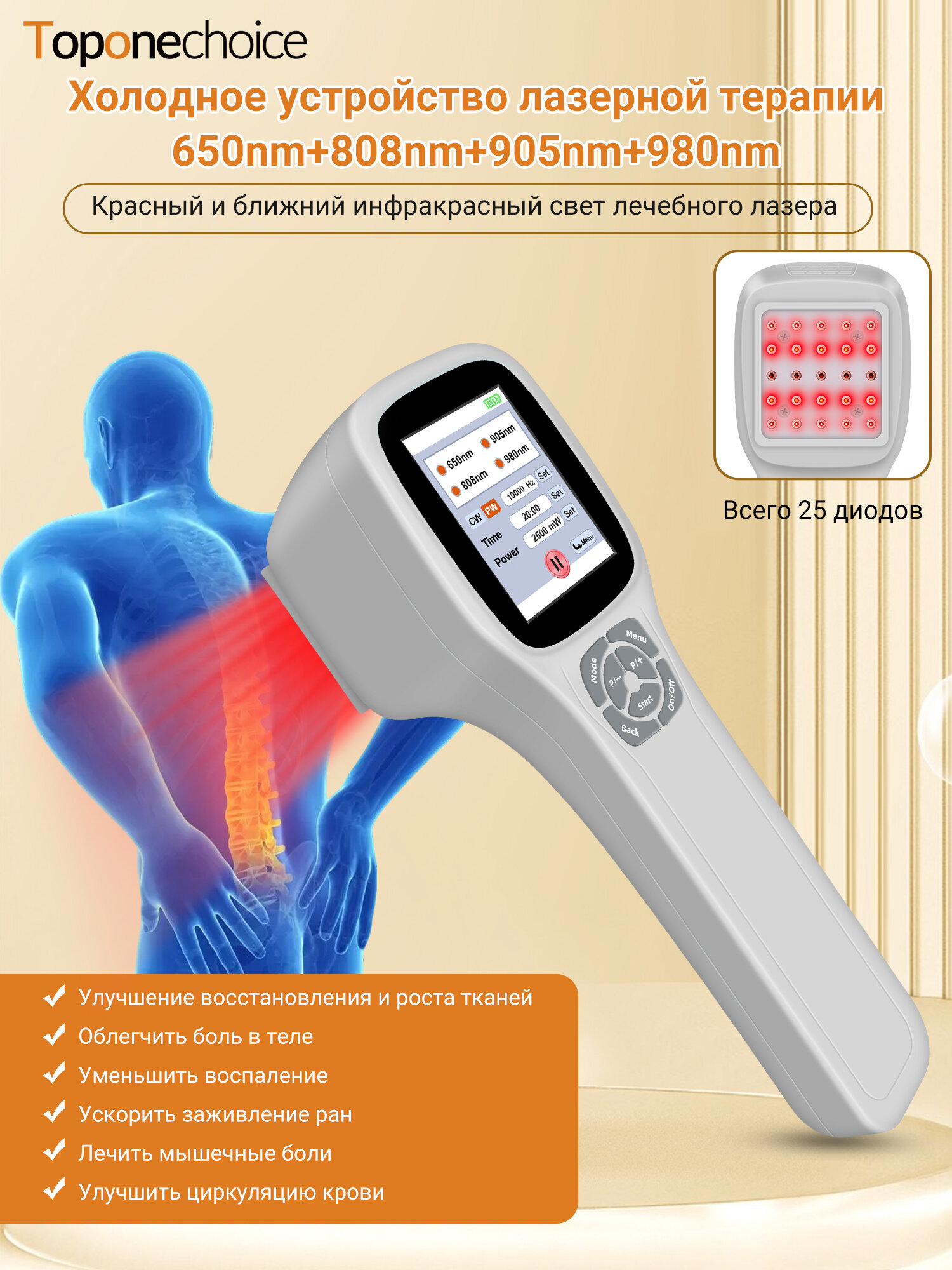 2500 мВт глубокий лазерный терапевтический аппарат с сочетанием нескольких длин волн для лечения боли в спине