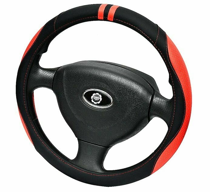 Оплетка на руль для автомобиля Haval / Хавал Jolion , M6 , H3 , F7, Dargo , H9 и др, в черном цвете с красными вставками, Экокожа