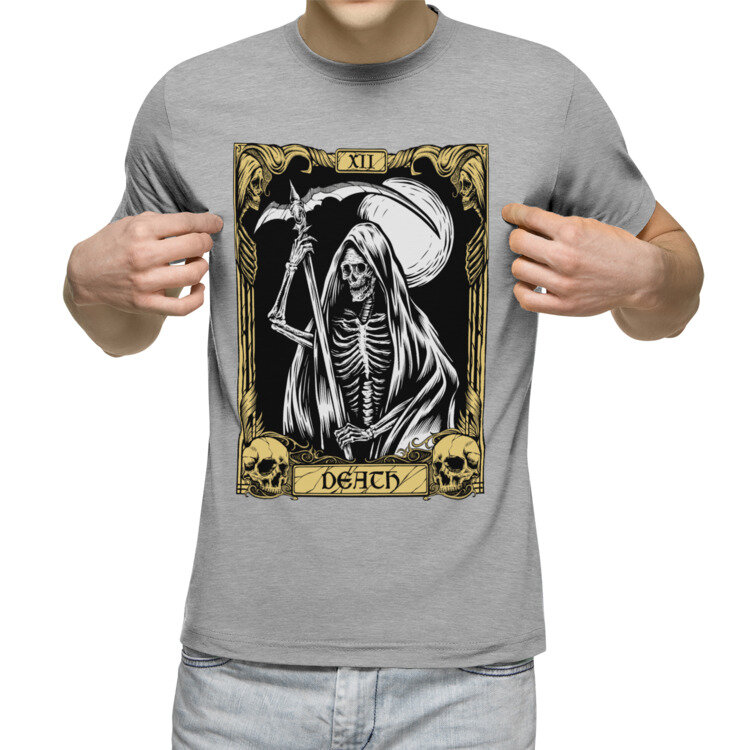 Мужская футболка «Карта таро Смерть с косой, скелет, эзотерика, гадание» (серый меланж, L)