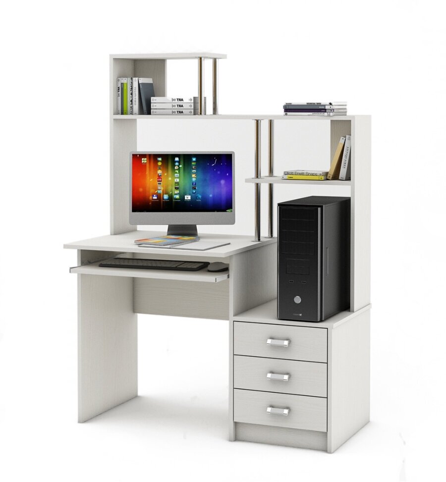 Стол компьютерный ВМФ Имидж (Арсенал) 26, ЛДСП, тумба справа, надстройка, белый, 110×60×152см, с ящиками