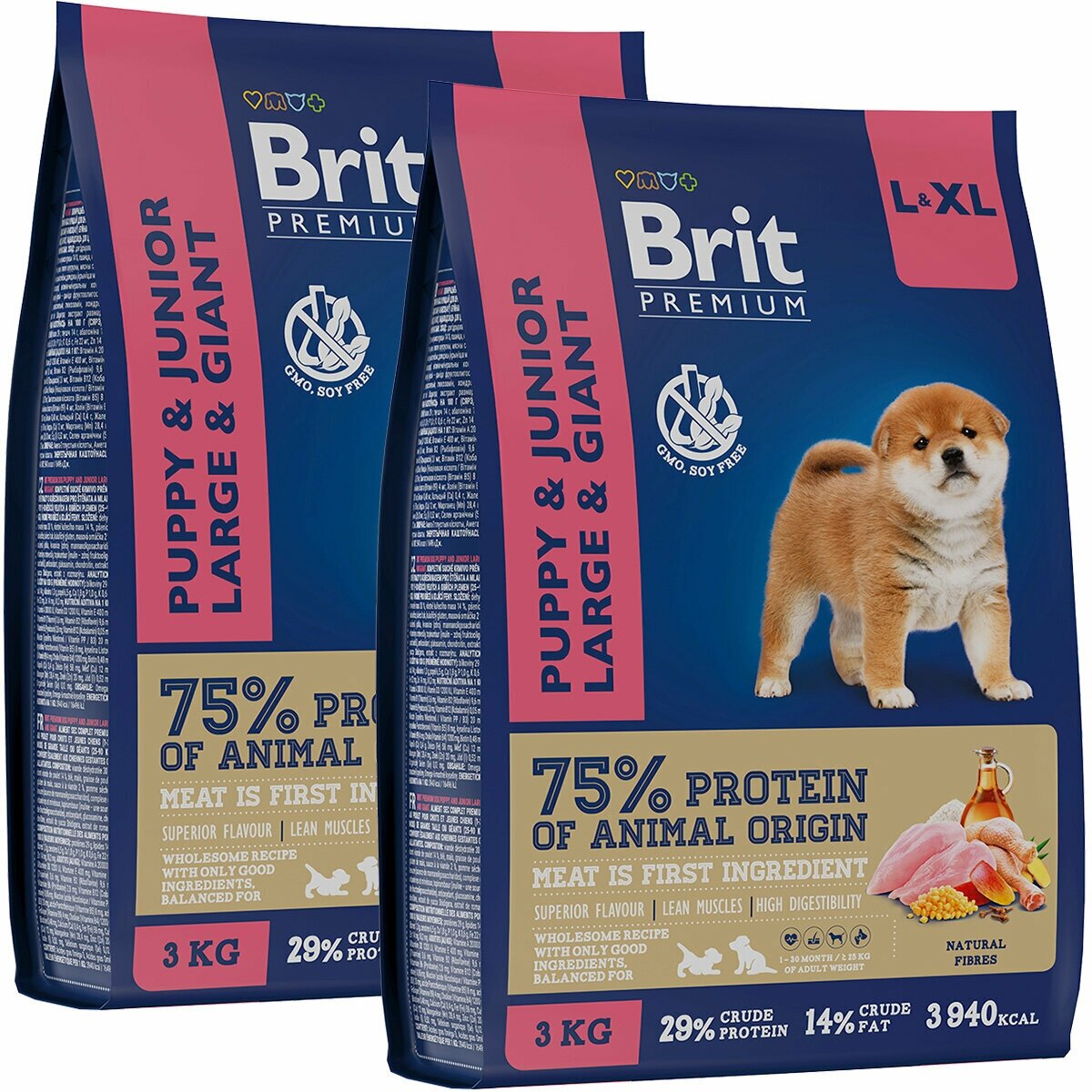 BRIT PREMIUM DOG PUPPY & JUNIOR LARGE & GIANT для щенков и молодых собак крупных и гигантских пород с курицей (3 + 3 кг)