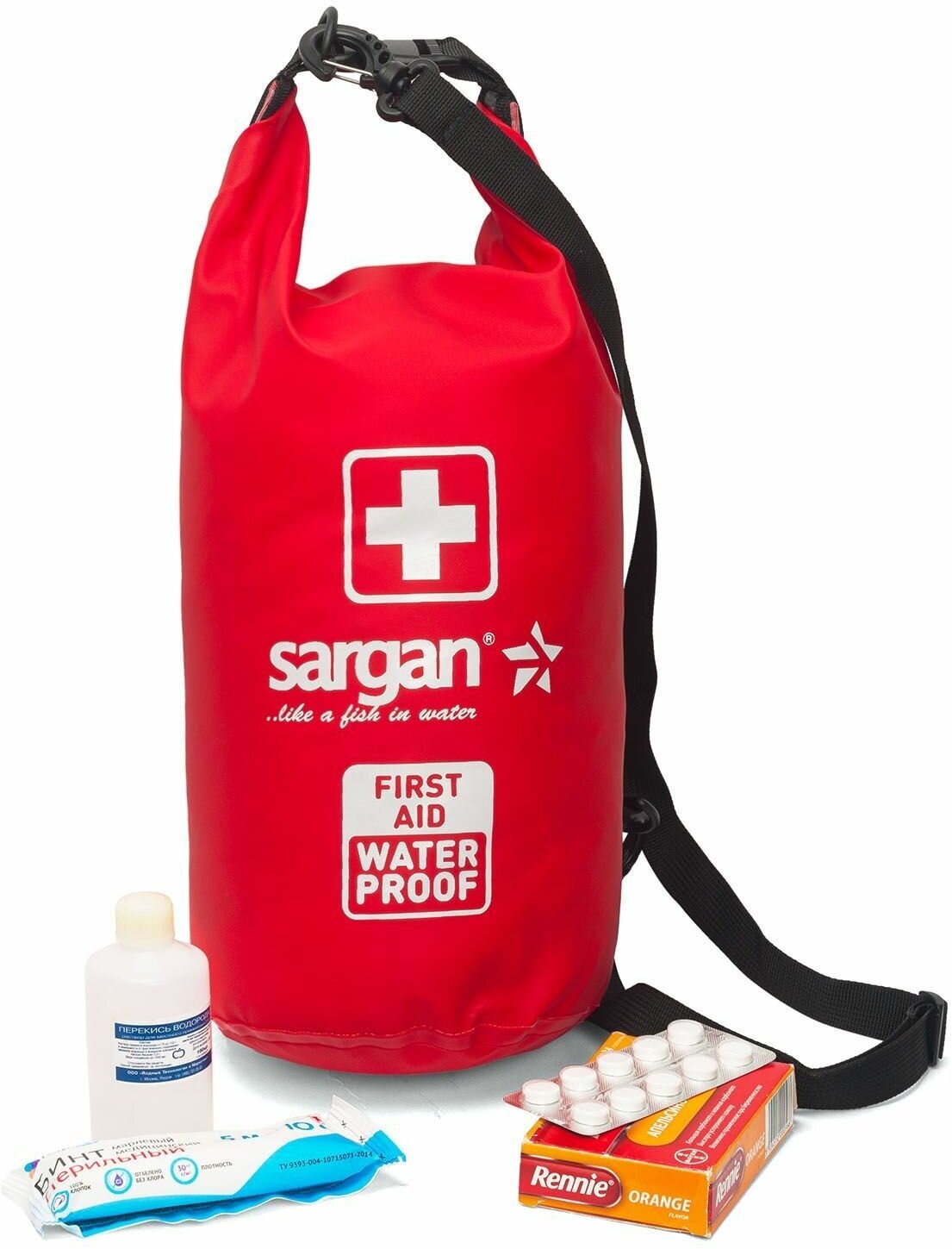 Аптечка на лямке через плечо влагозащитная SARGAN санитар объемный, 10 литров, гермомешок/гермосумка, красный ПВХ (Лекарства в комплект не входят)
