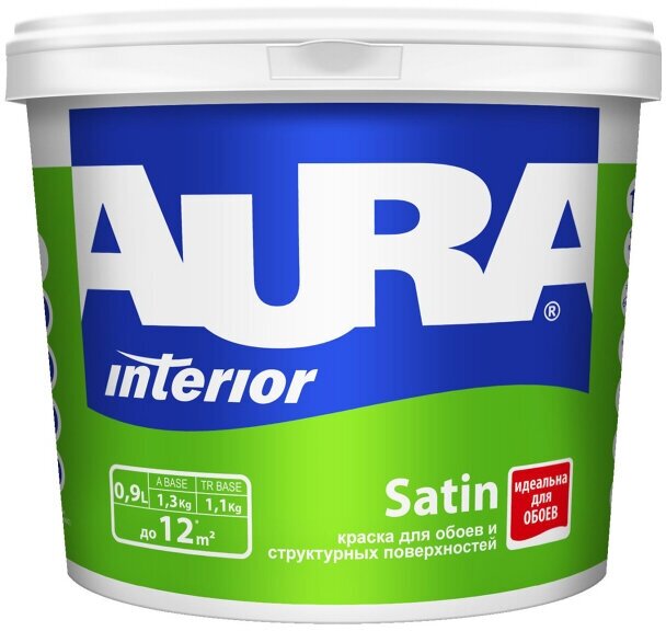 Краска в/д AURA SATIN 0,9л белая глубокоматовая для обоев, арт.4607003915155