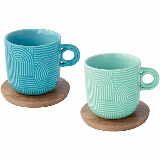 Набор Easy Life из 2-х чашек 0.25л (мятн.+мор. волна) на подставке (акация) "Радуга" в подарочной упаковке.