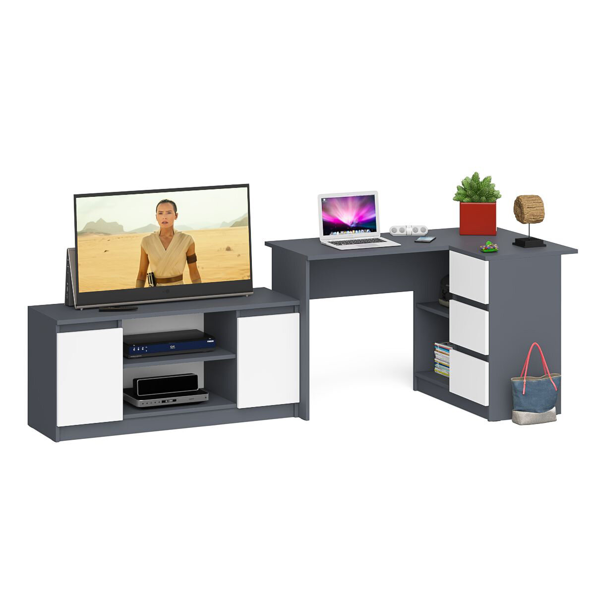 Угловой компьютерный стол для дома 245см графит/белый Спасибо-Мебель