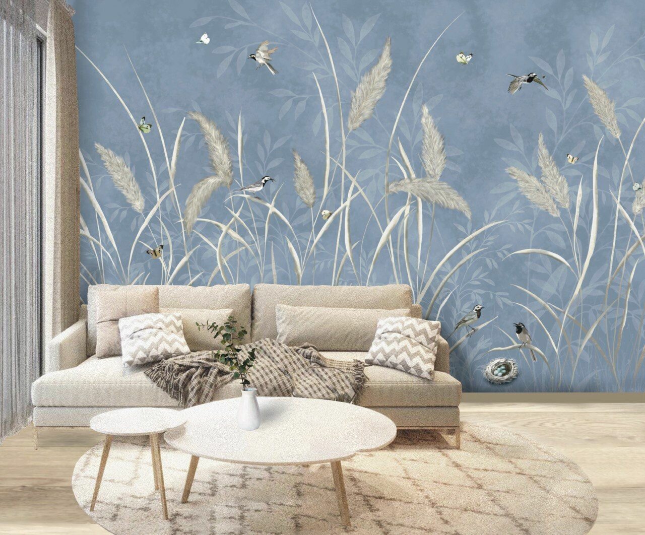 Обои бесшовные "Трясогузки" серо-голубой (ширина 2550мм х длина 4000мм)