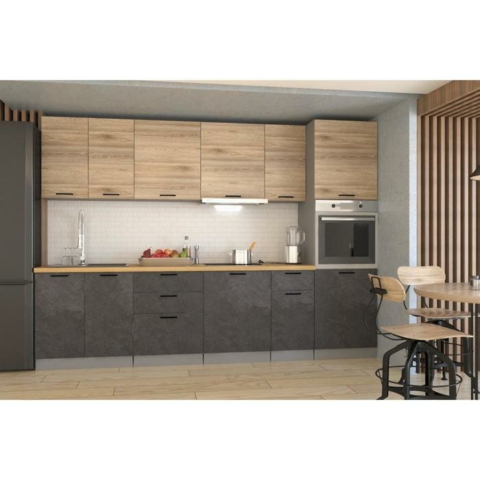 Кухонный гарнитур прямой «лофт 18», 3000×600 мм, цвет серый/рустик натуральный/бетон тёмный/дуб бунратти