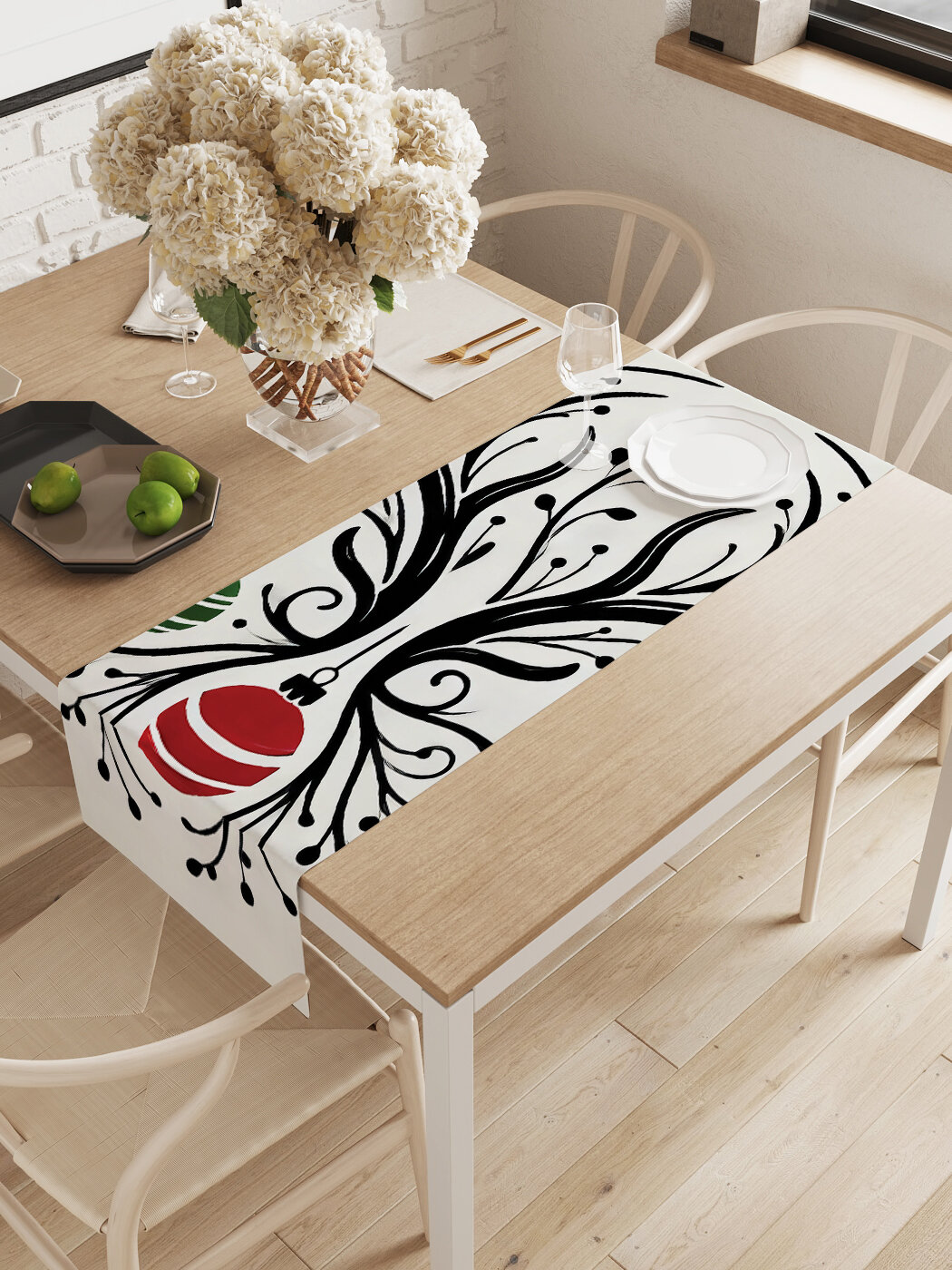 Декоративная водоотталкивающая дорожка для сервировки кухонная 145х40 "Древо в украшениях", JoyArty, серия Новый год