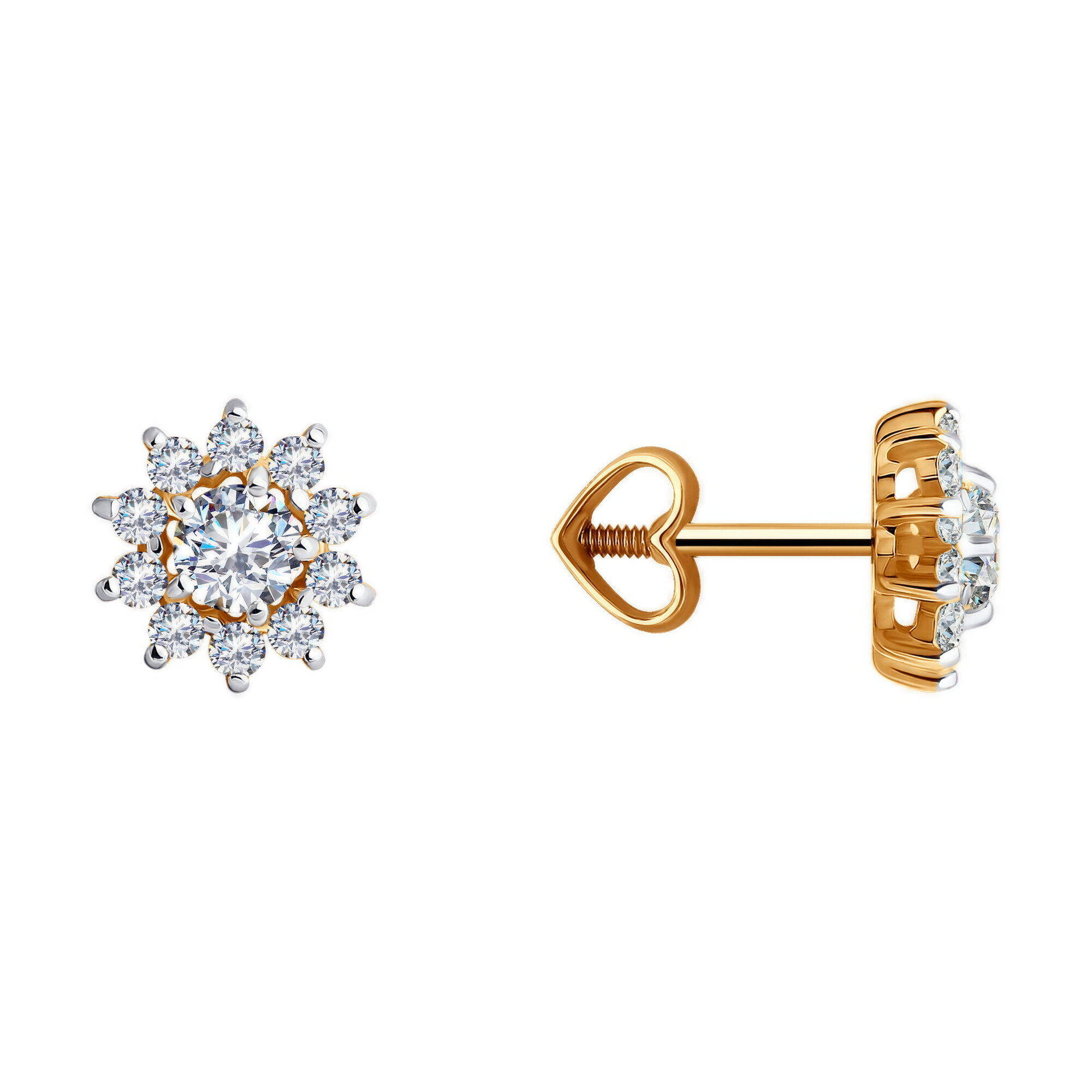 Серьги пусеты, красное золото, 585 проба, фианит