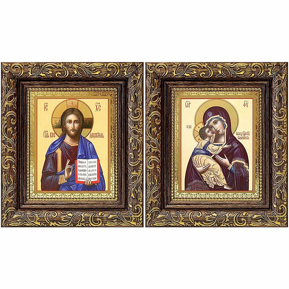 Венчальная пара "Спаситель-Владимирская" (лики № 001-011), две иконы в широких темных пластиковых рамках 14,5*16,5 см