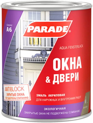 Эмаль Акриловая Parade A6 Окна & Двери 0.45л Белая, Глянцевая, без Запаха / Парад А6.