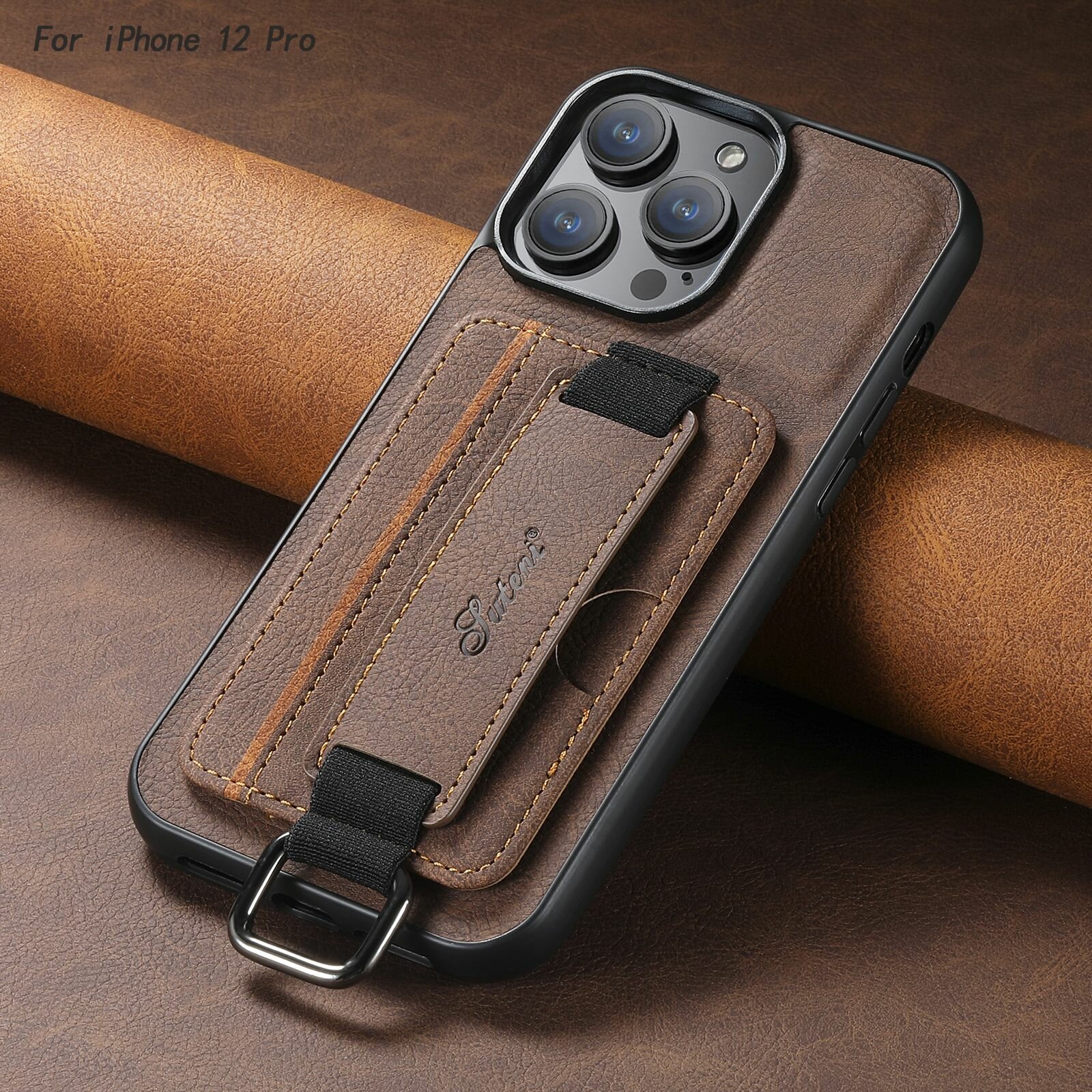 Чехольчик с ремешком на запястье на iPhone 12 Pro / Чехол подставка для айфон 12 Про / отделение для карт / против падения / противоударный, коричневый