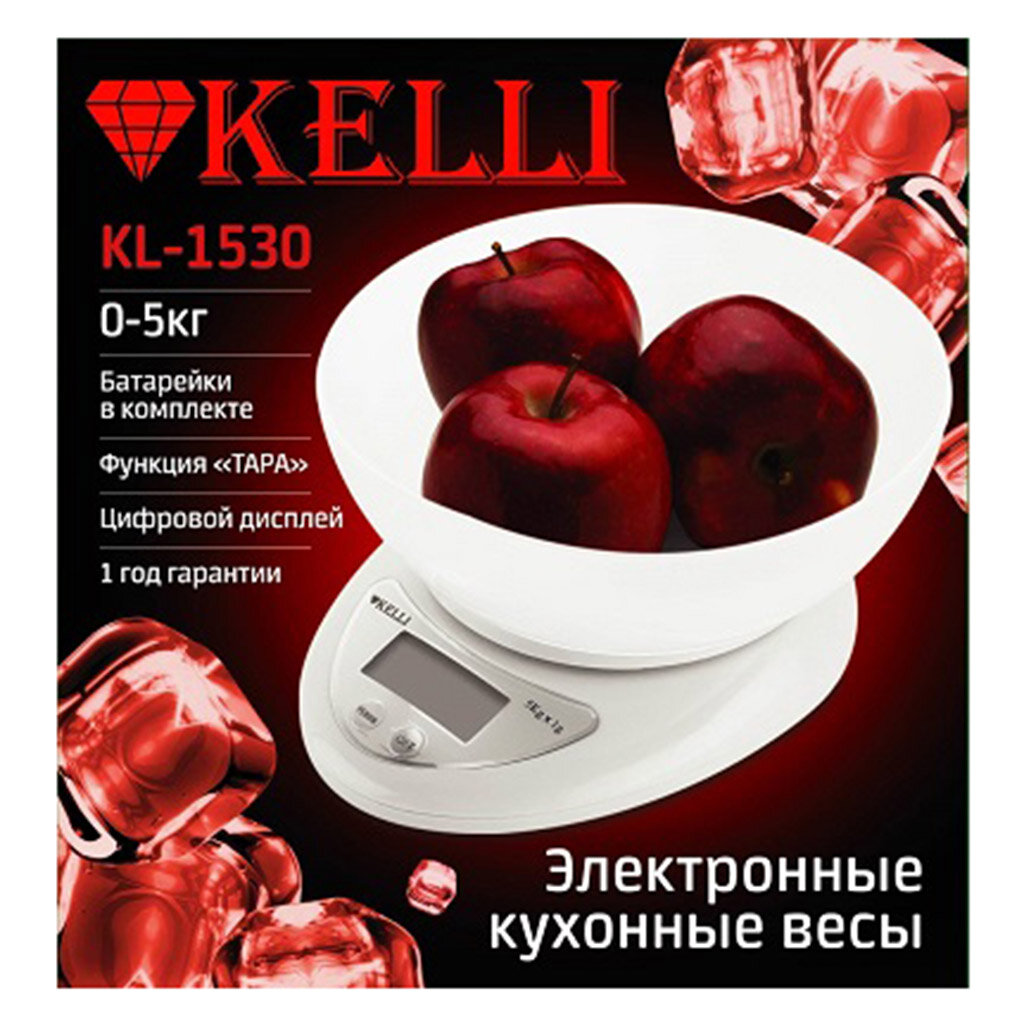 Весы кухонные KELLI электронные 18,5х18,5х6 см пластмассовый корпус с чашей, максимальный вес 5 кг, цена деления 1 г, большой цифровой дисплей (KL-1530)