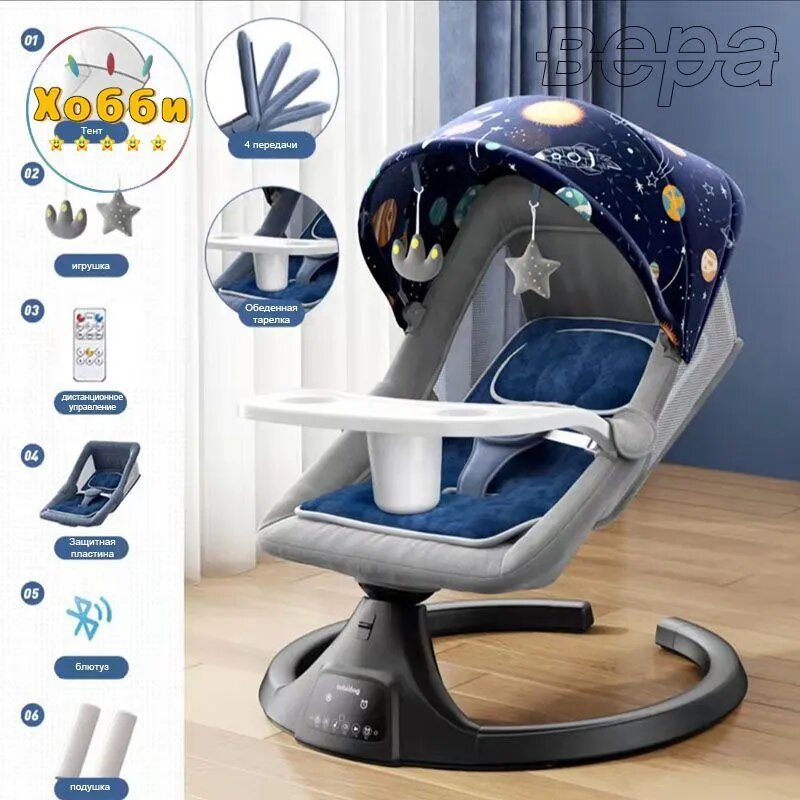 Детское многофункциональное электрическое кресло-качалка Кресло - шезлонг,4-скоростное складывание, с ДУ и Bluetooth и Обеденный стол, Сетка от солнца, подголовник.