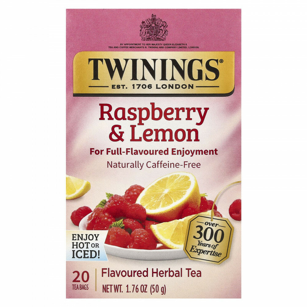 Twinings, ароматизированный травяной чай, малина и лимон, без кофеина, 20 чайных пакетиков, 50 г (1,76 унции)