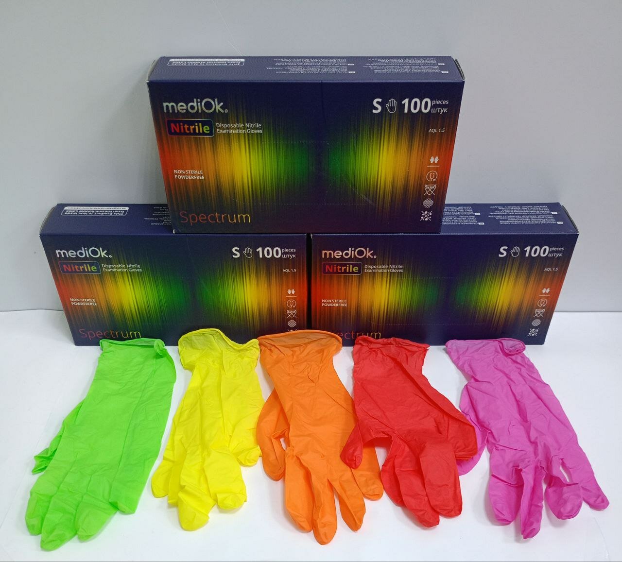 Перчатки нитриловые, разноцветные 5 цветов (Spectrum), размер S 3 уп-150пар mediOk