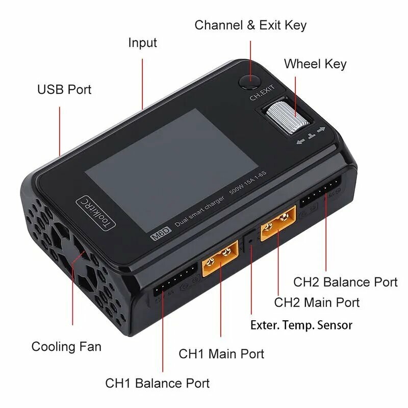 ToolkitRC M6D 500W 15A Двухканальное мини-умное зарядное устройство для аккумуляторов Lipo 16S