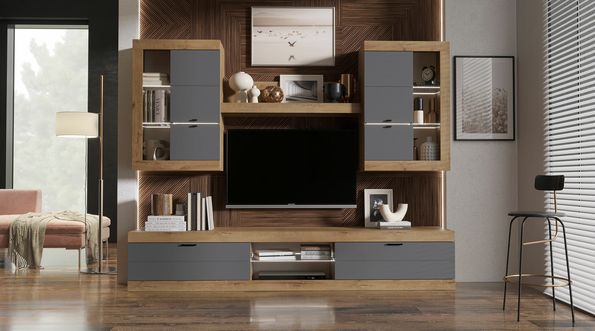 Комплект мебели для гостиной Прага (комп 42) Дуб Вотан/Графит Софт