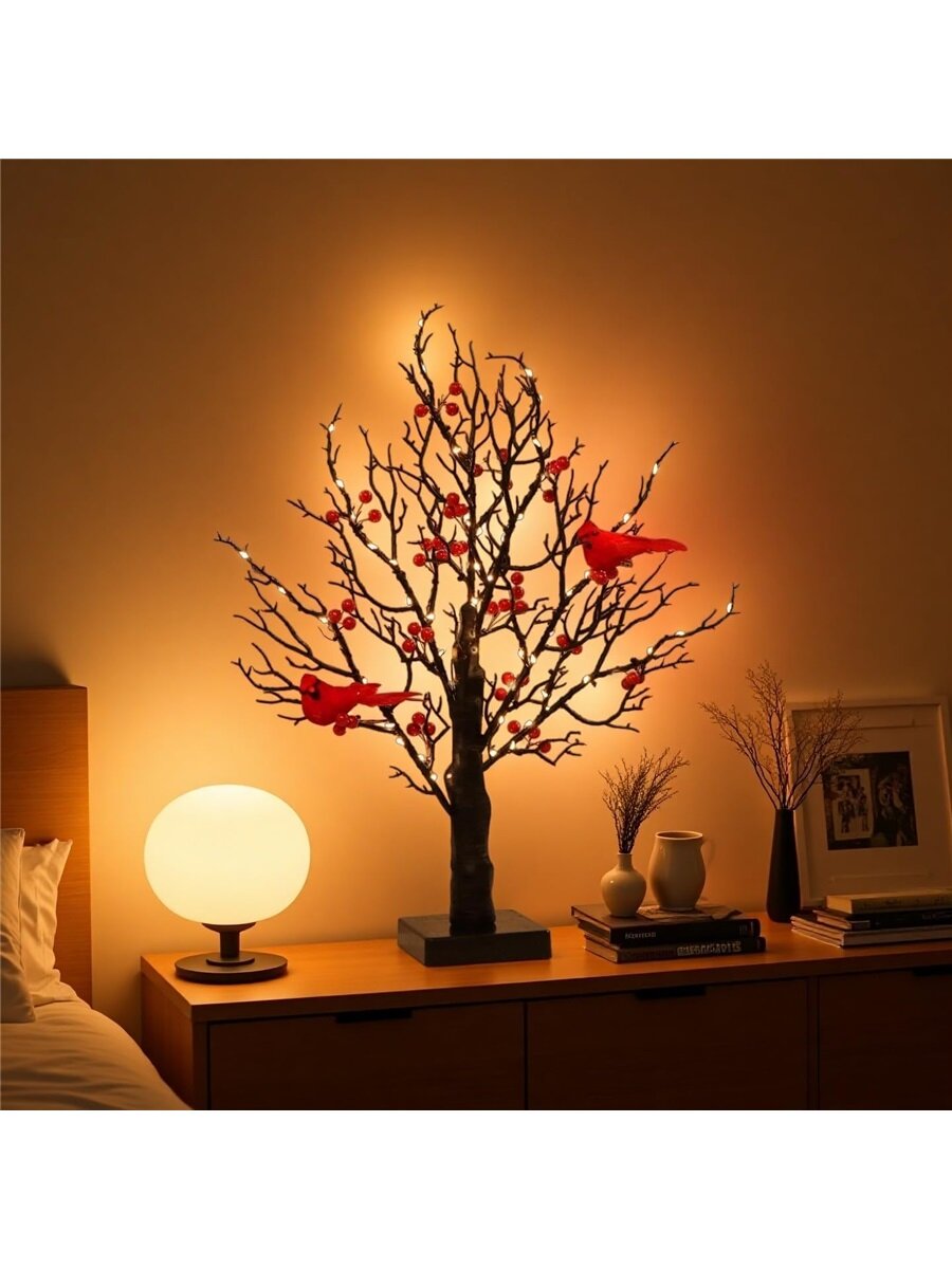 Светящееся дерево с кардиналами от батареек LED украшение для праздников дома