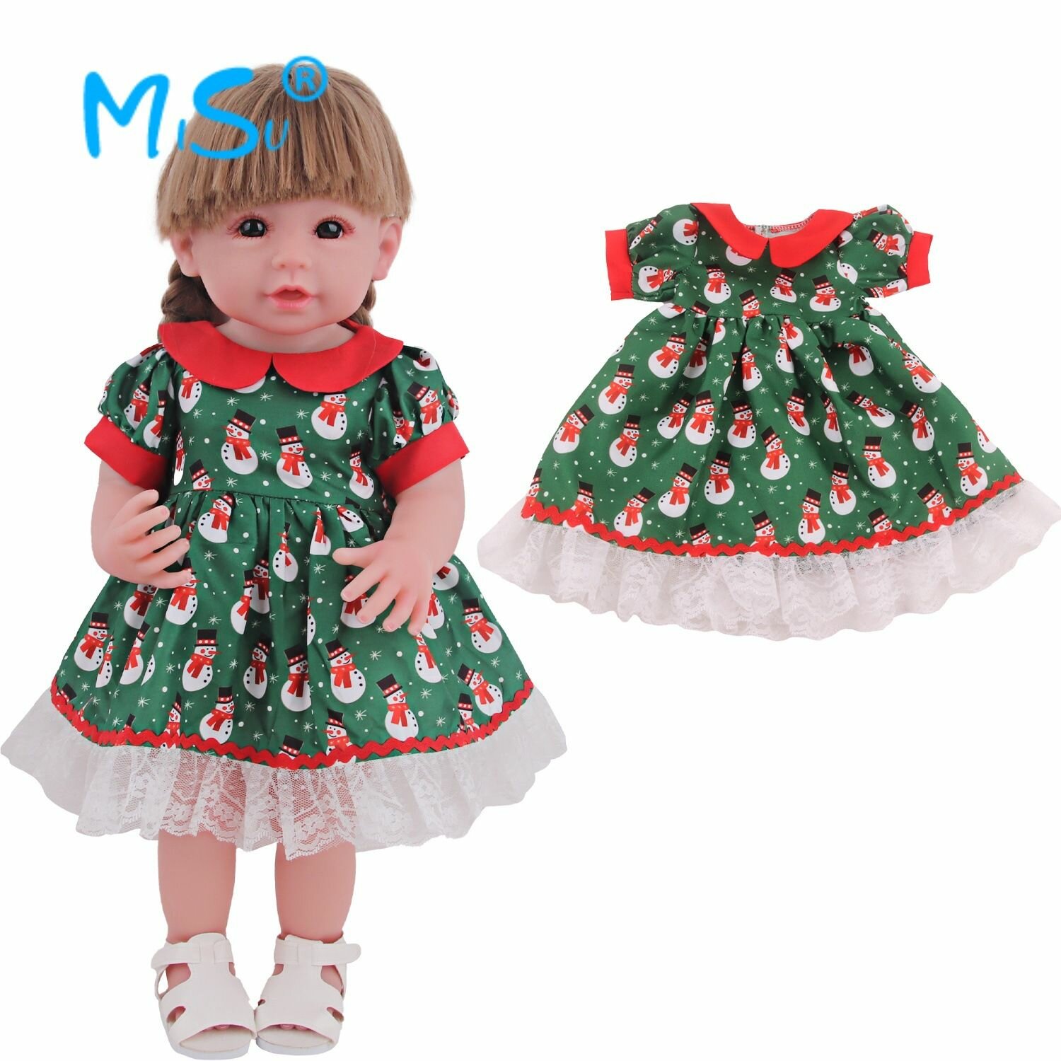 Зелёное платье с кружевом и ободком с рожками для куклы 55 см праздничный образ для реборн, без куклы