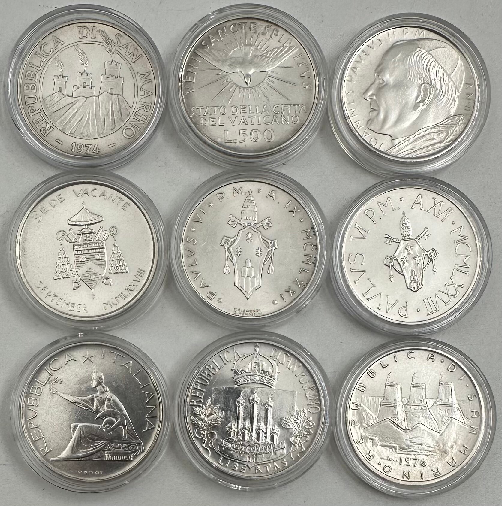 Подборка серебряных монет 500 лир 1958-1985 Ватикан, Сан-Марино, Италия 9 штук