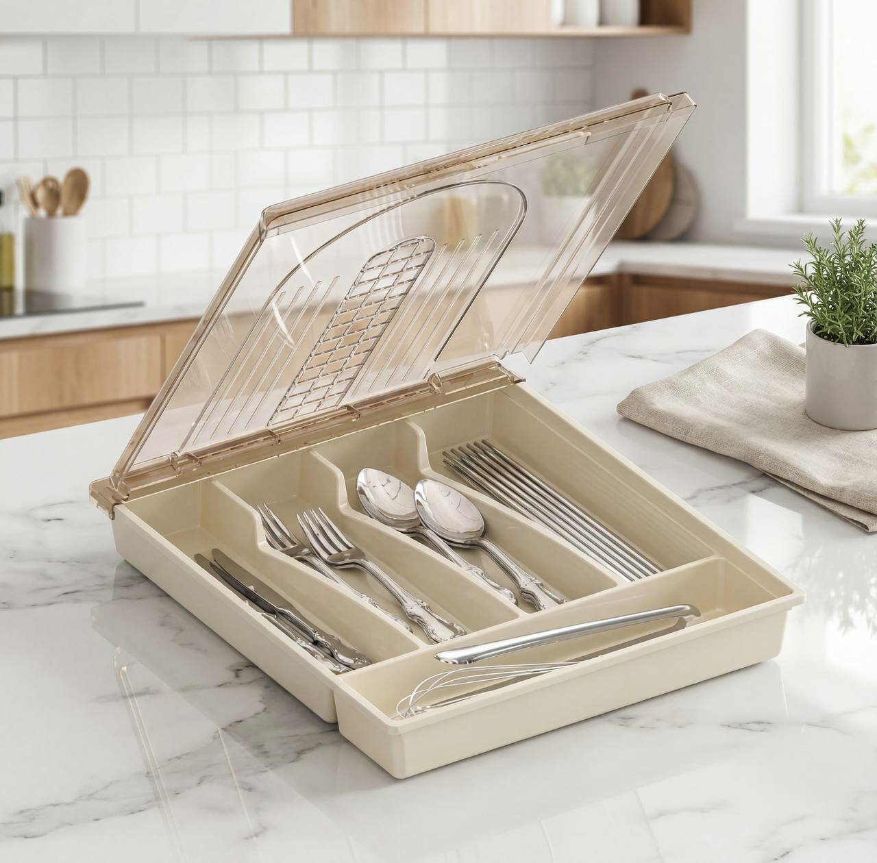 Органайзер для хранения столовых приборов DAENERO лоток пластмассовый с крышкой