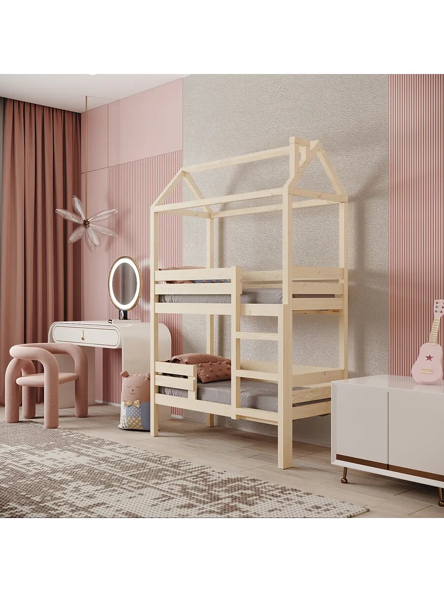 Кровать-домик двухъярусный, ФОРТ, массив, 70х140 см