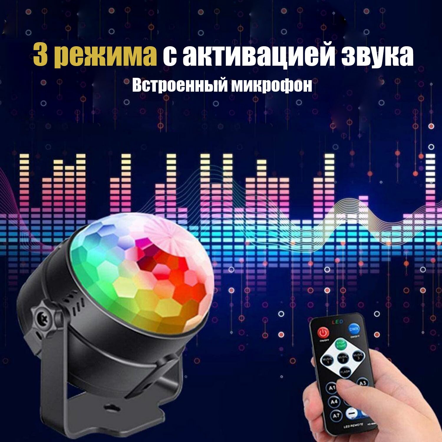 Диско шар с присоской для авто и дома: RGB-свет, звуковой режим, пульт ДУ — фото 1