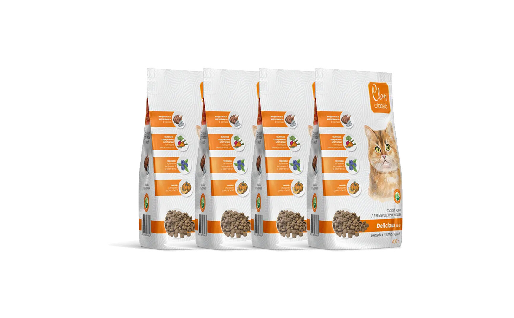 Clan Classic Delicious 32/15 сухой корм для взрослых кошек, с индейкой и белой рыбой - 0,4 кг х 4 шт.