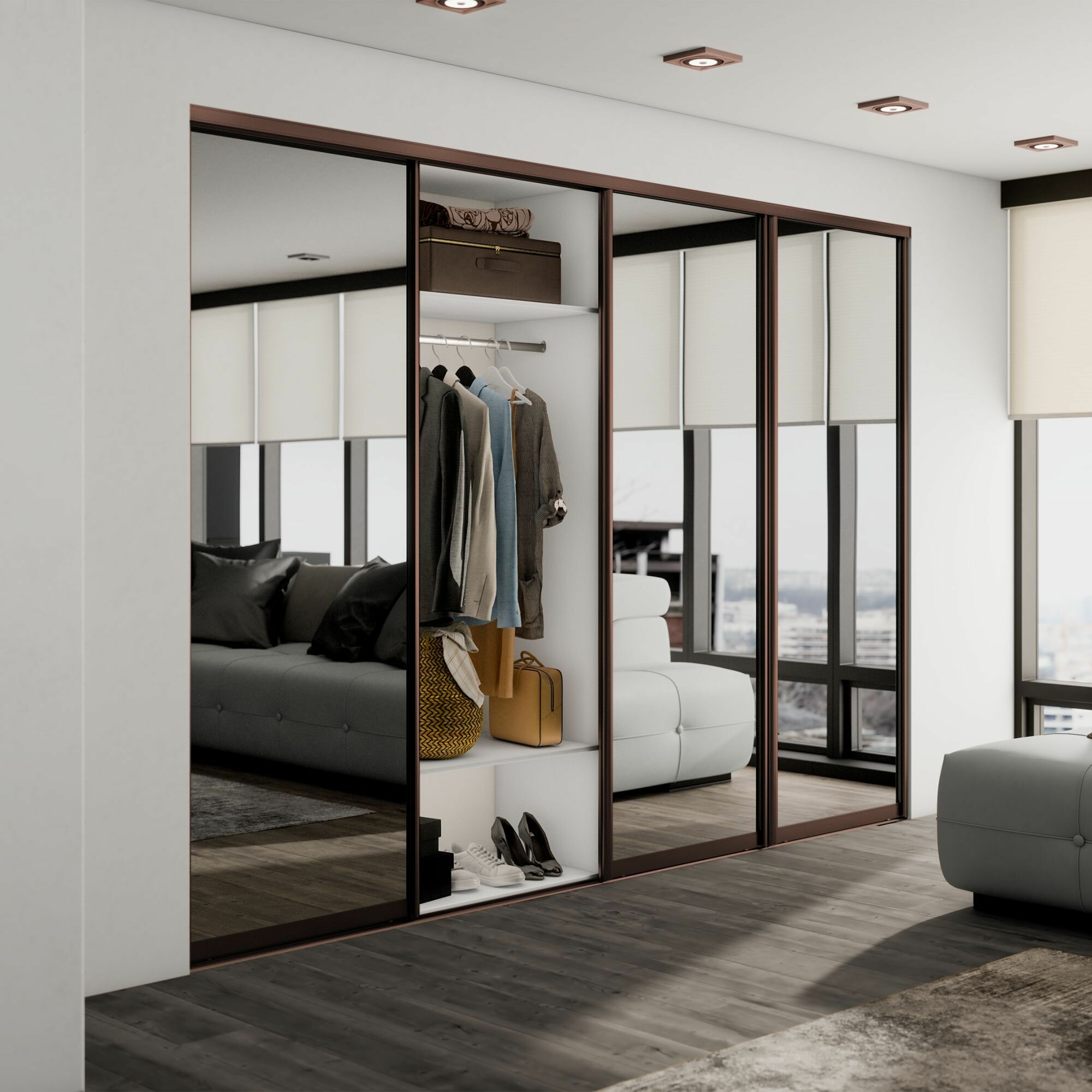 Раздвижные дверь-купе для гардеробной Элегант Зеркало 225х60, профиль Бронза