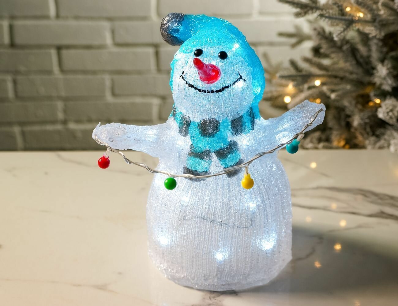 Светящаяся фигура снеговичок С гирляндой, акрил, 40 холодных белых LED-огней, 32 см, батарейки, уличный, Kaemingk 491153-3