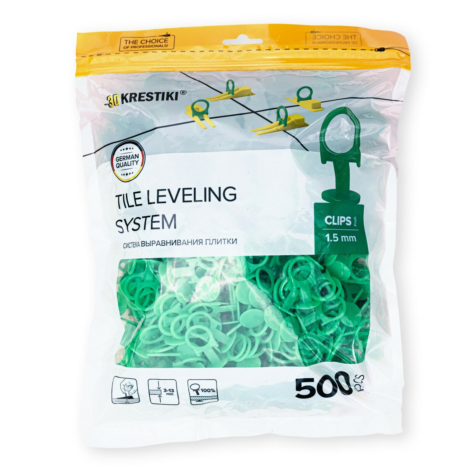 Крестики 3D KRESTIKIS Profi, для плитки, ширина шва 1,5мм, 500шт, зеленый