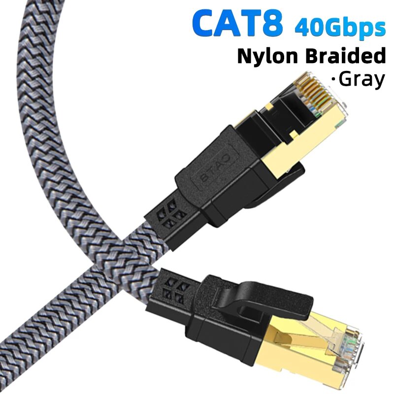Высокоскоростной Ethernet-кабель HPUFTO Cat 8 40 Гбит/с 2000 МГц Сетевой кабель RJ45 Интернет-кабель для ПК Маршрутизатор Ноутбук Патч-кабель Cat8 Nylon Braided-Gray, 30m